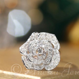 Big Rose Flower Bold Statement Ring, Lab Grown Diamond Floral ...