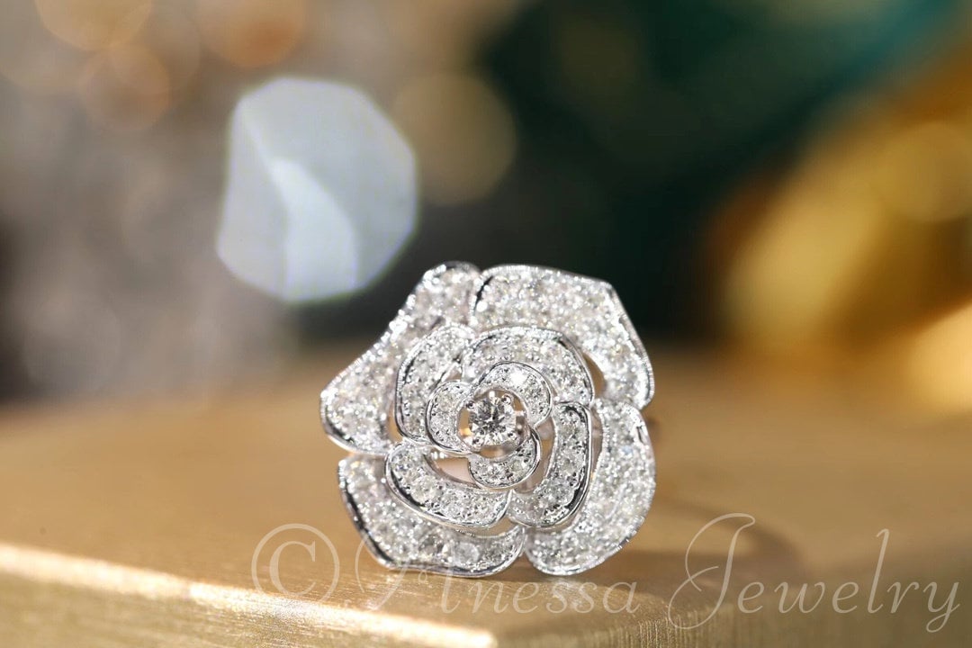 Big Rose Flower Bold Statement Ring, Lab Grown Diamond Floral ...