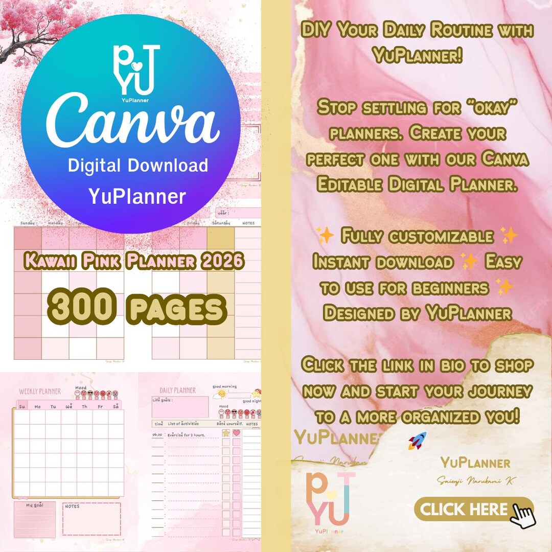 Kawaii Pink 2026 Planner, Canva Editable, Daily Weekly Monthly (digital ...
