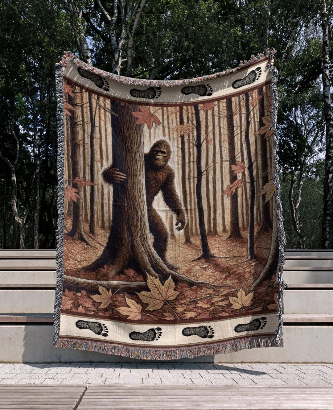 Large Woven Blanket - Bigfoot Autumn Forest Sasquatch, Footprints ...