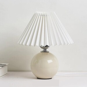 Small Pleated Bedside Lamp | Neutral Table Lamp | Ceramic Round Table ...