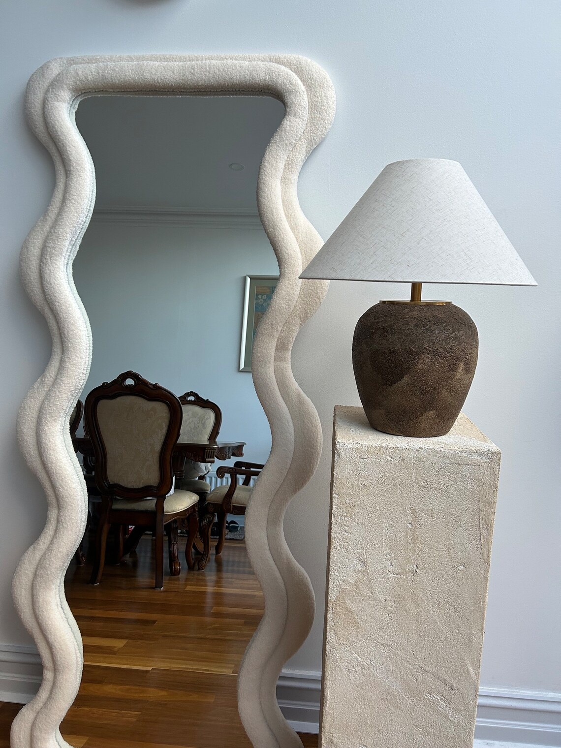 Wavy Boucle Full-length Mirror White Wool Frame for Bedroom, Dressing ...