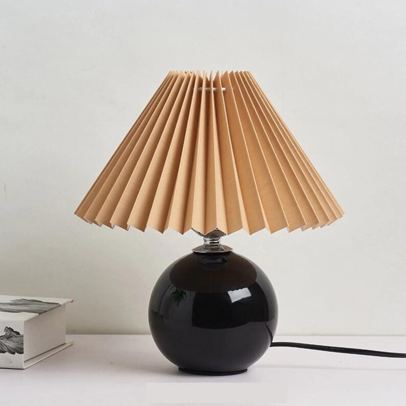 Small Pleated Bedside Lamp | Neutral Table Lamp | Ceramic Round Table ...