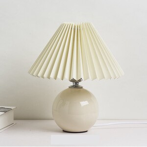 Small Pleated Bedside Lamp | Neutral Table Lamp | Ceramic Round Table ...