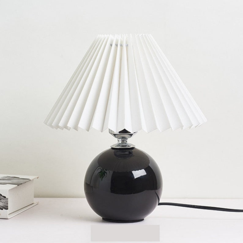 Small Pleated Bedside Lamp | Neutral Table Lamp | Ceramic Round Table ...