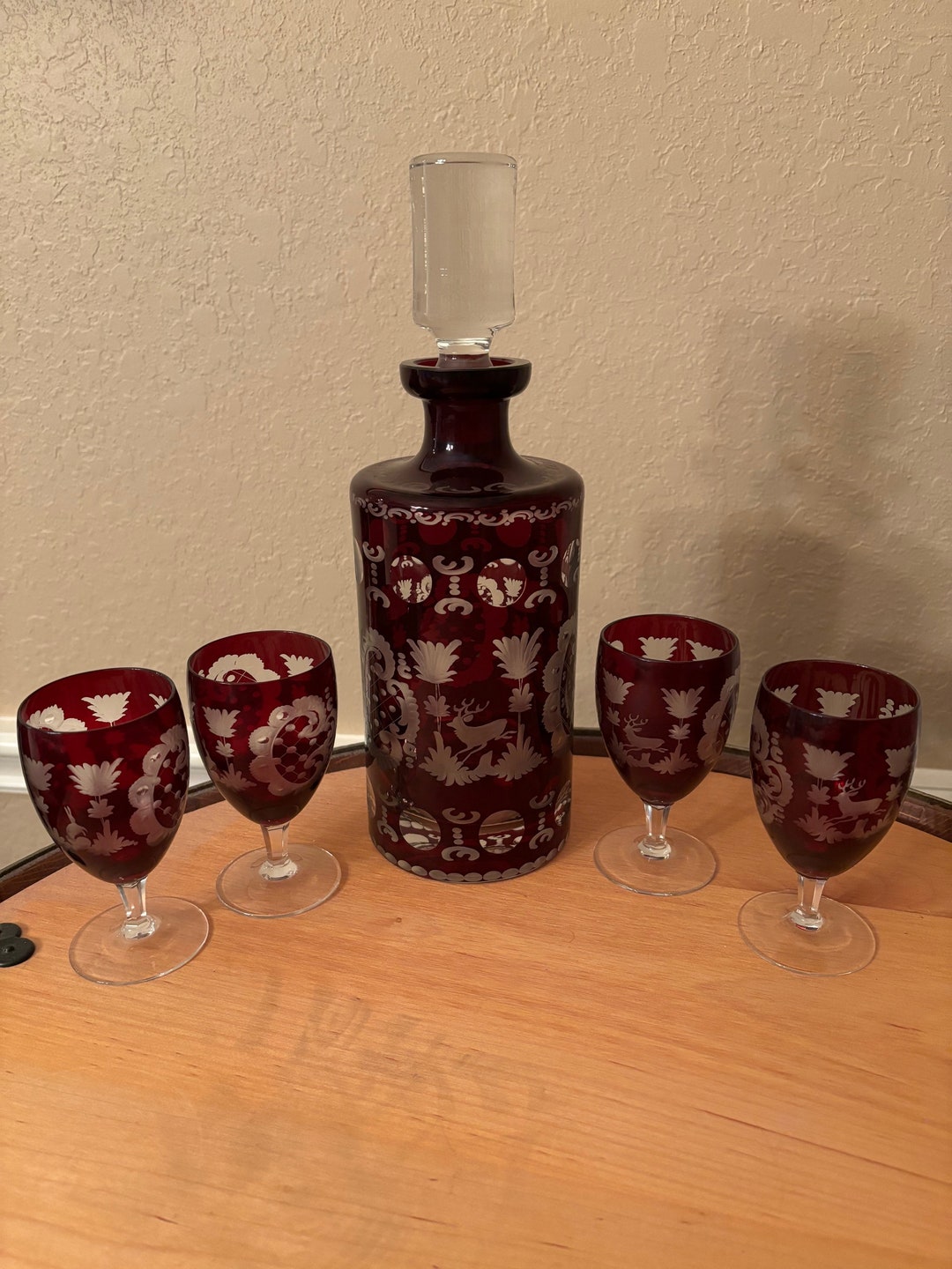 Vintage Bohemian Ruby Red Crystal Decanter, With 4 Glasses, C1940's ...