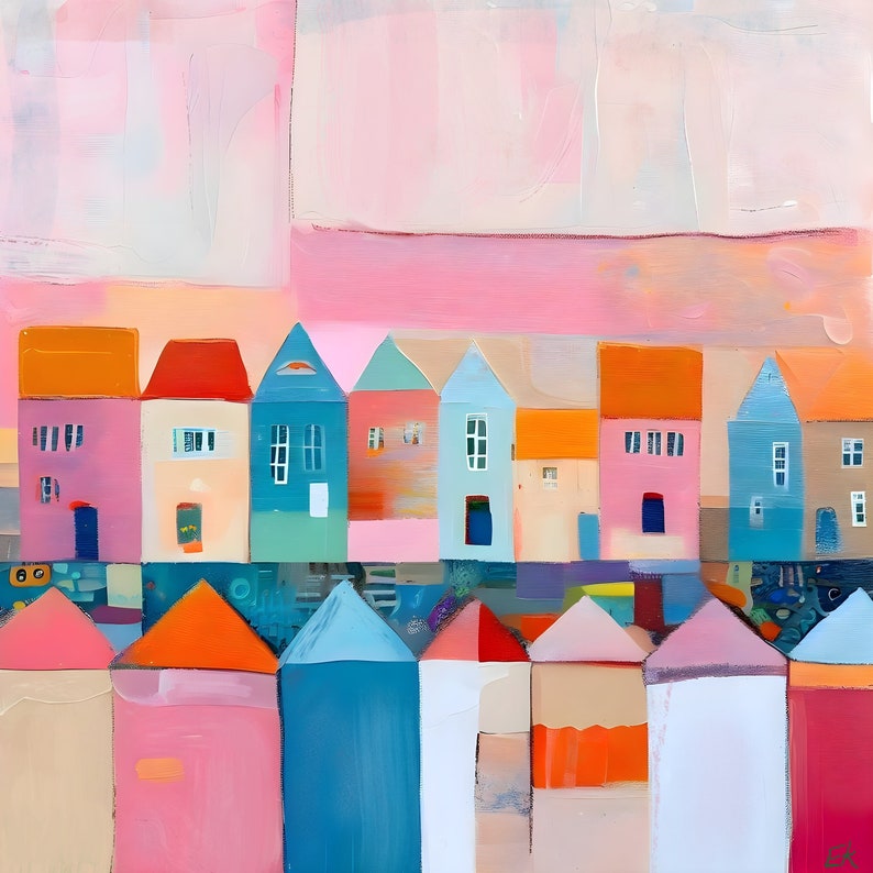 Art Print, Painting of Colorful Houses. Original Artwork, FUN, CUTE ...