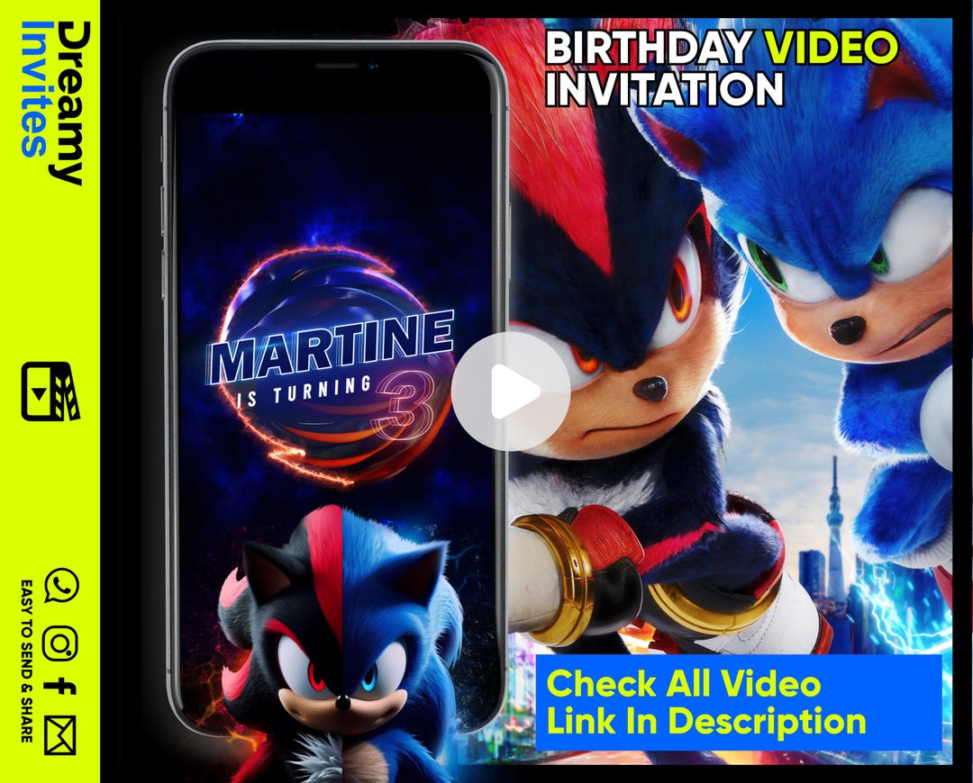 Sonic the Hedgehog 3 Birthday Invitation VIDEO (any Age), Sonic ...