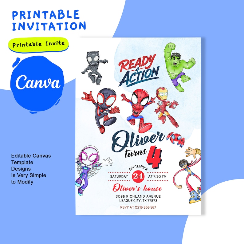 Ready Four Action Invitation, Spiderman 4th Birthday Invitation With ...