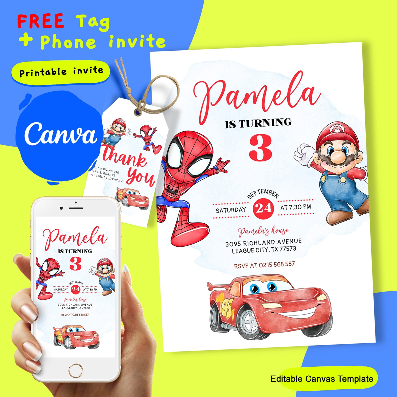 Spidey and Mario and Mcqueen Birthday Invitation With FREE Thank You ...
