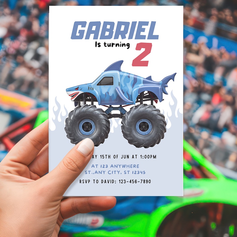 Invitación de cumpleaños editable de Monster Trucks, Monster Truck ...