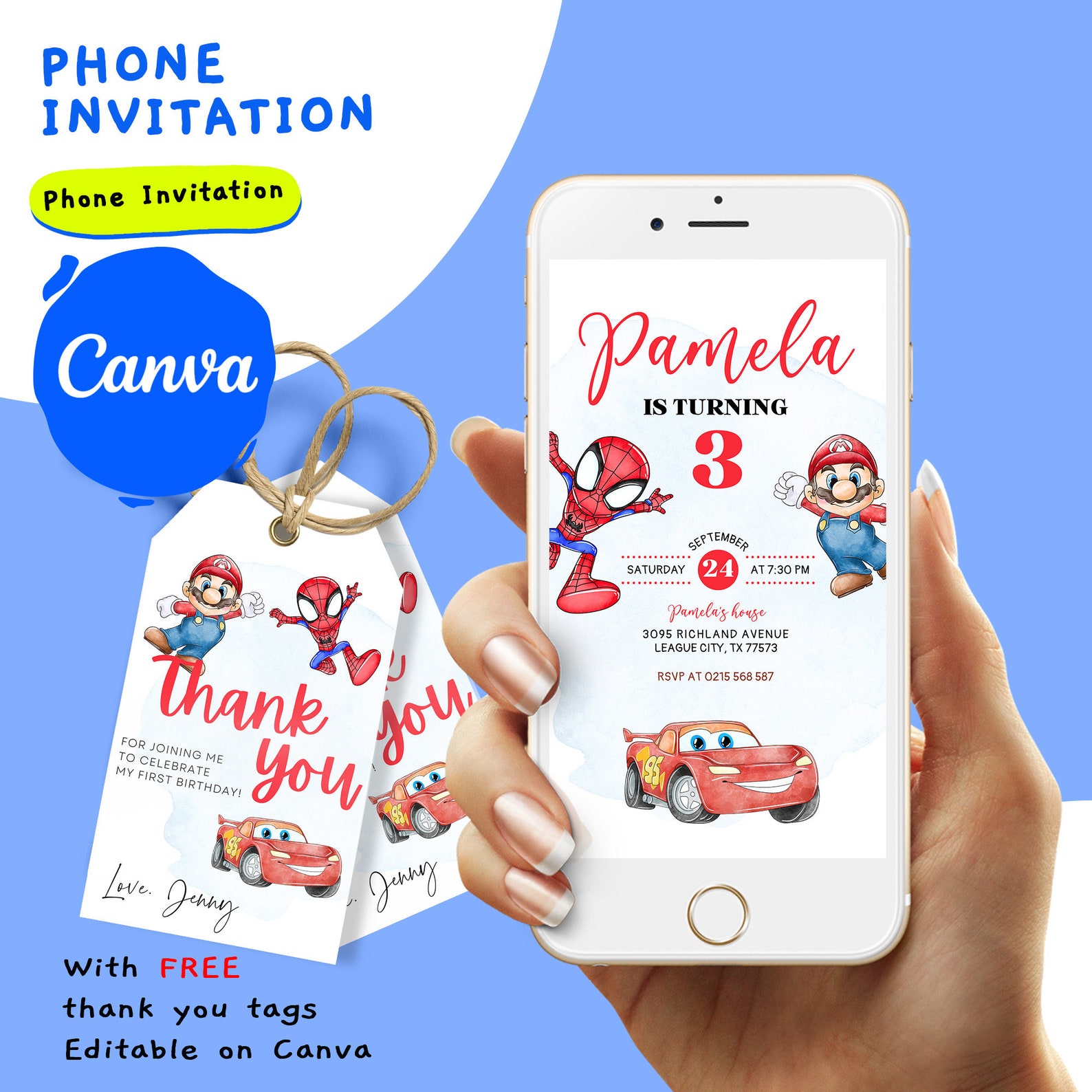 Spidey and Mario and Mcqueen Birthday Invitation With FREE Thank You ...