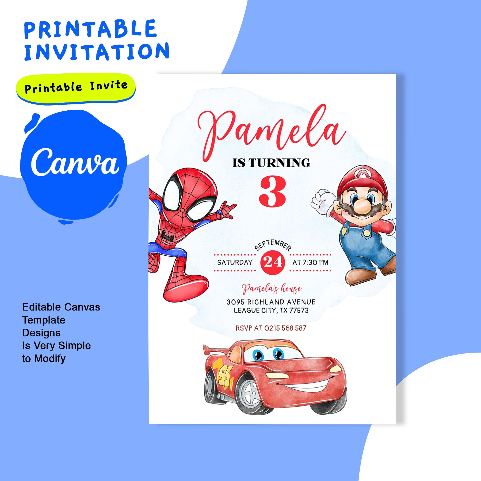 Spidey and Mario and Mcqueen Birthday Invitation With FREE Thank You ...