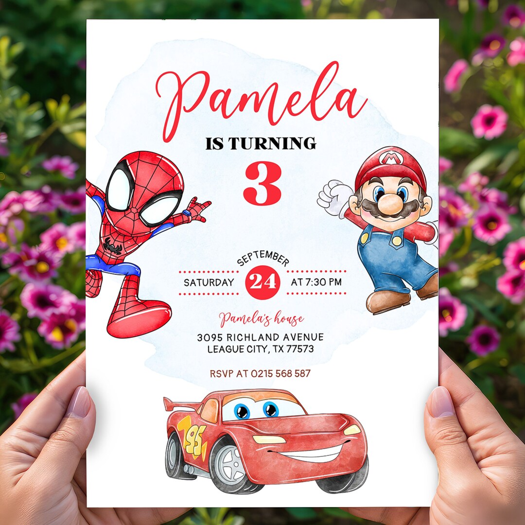 Spidey and Mario and Mcqueen Birthday Invitation With FREE Thank You ...