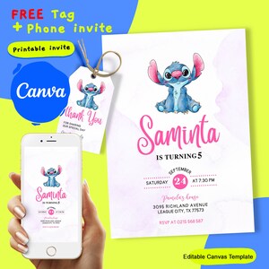 Editable Stitch Birthday Invitation and Favor Tag Template and Mobile ...