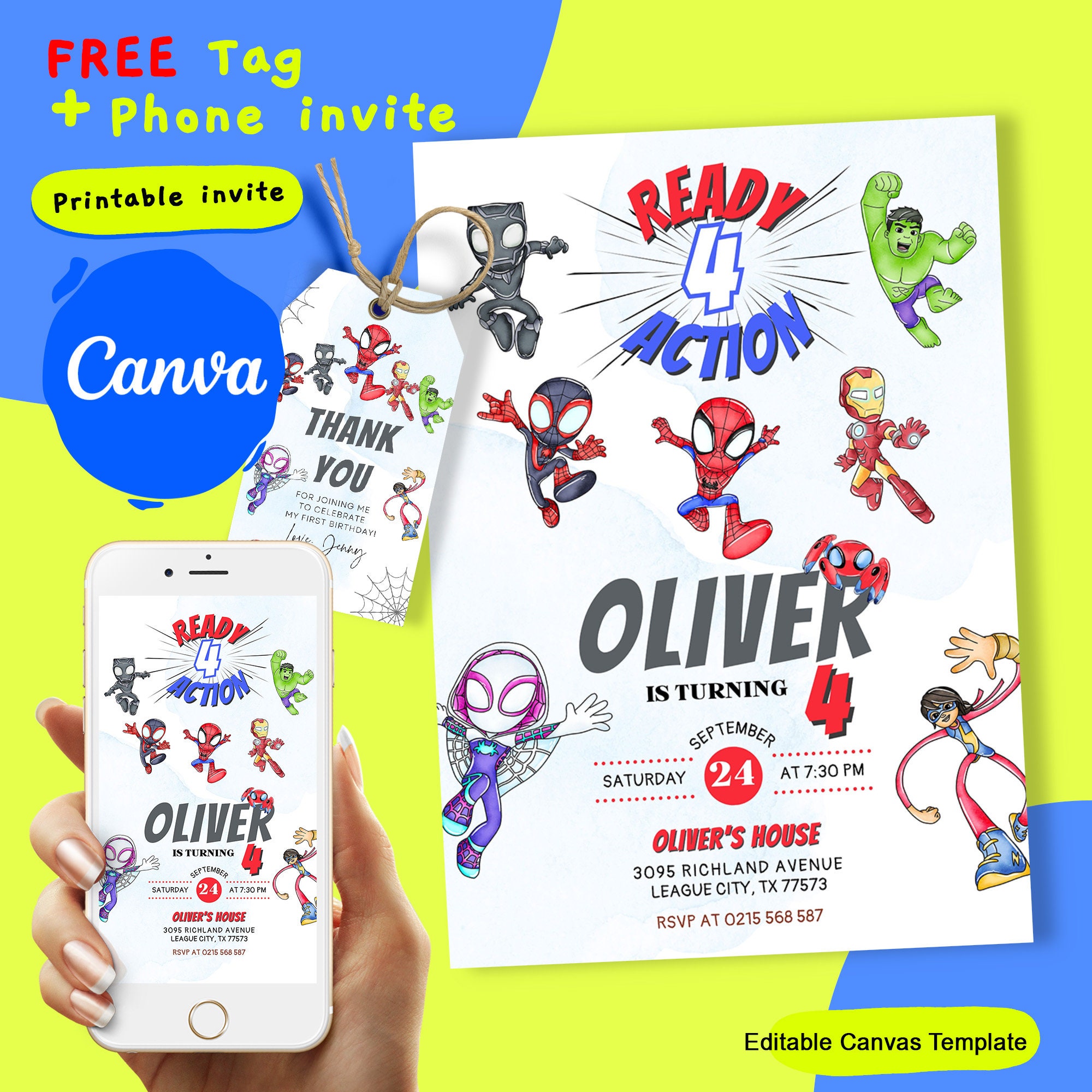 Ready Four Action Invitation, Superhero 4th Birthday Invitation With ...