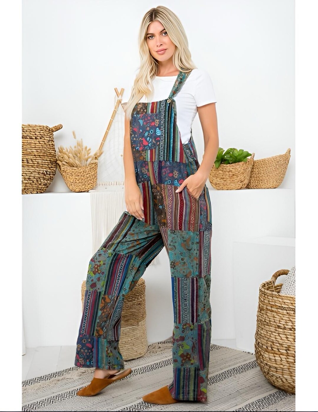 Handmade Boho Patchwork Cotton Overalls - Floral Mushroom Print - Etsy