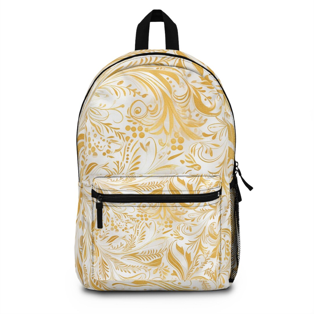 Elegant Gold and White Floral Backpack | Boho Chic School Bag, Travel ...
