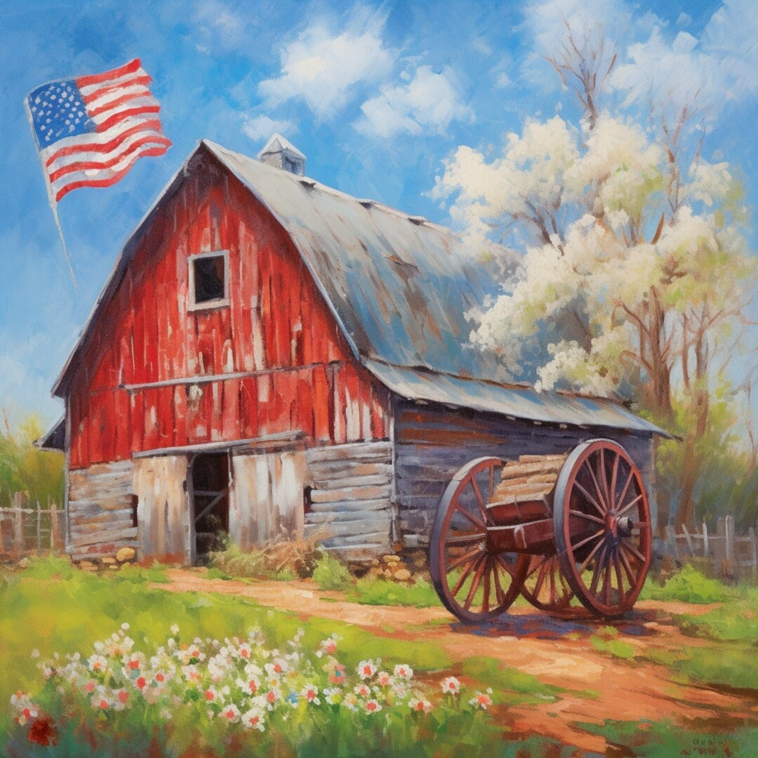 Old Red Barn With American Flag |americana Art | Rustic | Country Barn ...