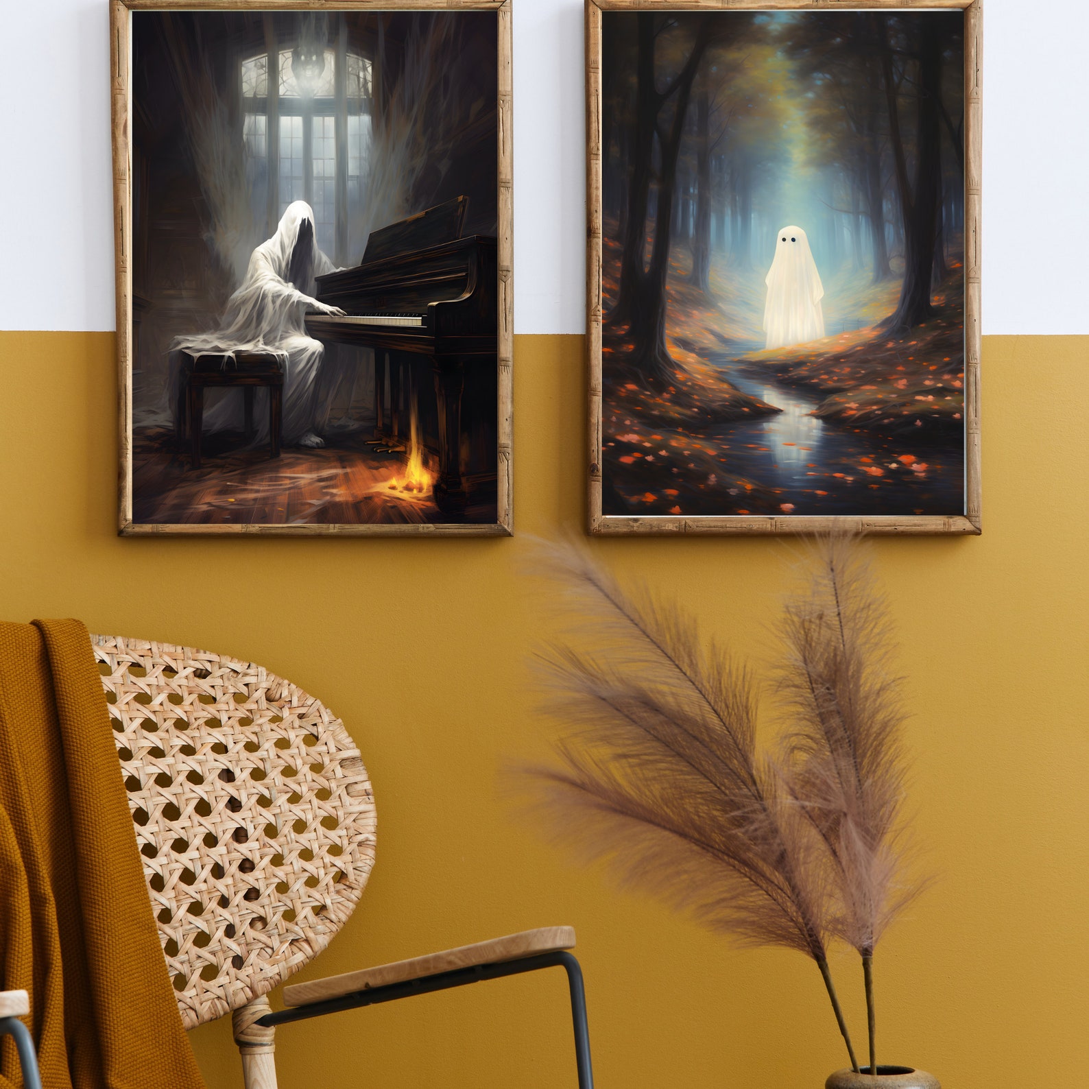 Ghost on Piano in Flames Print, Creepy Goth Wall Art, Ghost Vintage Oil ...