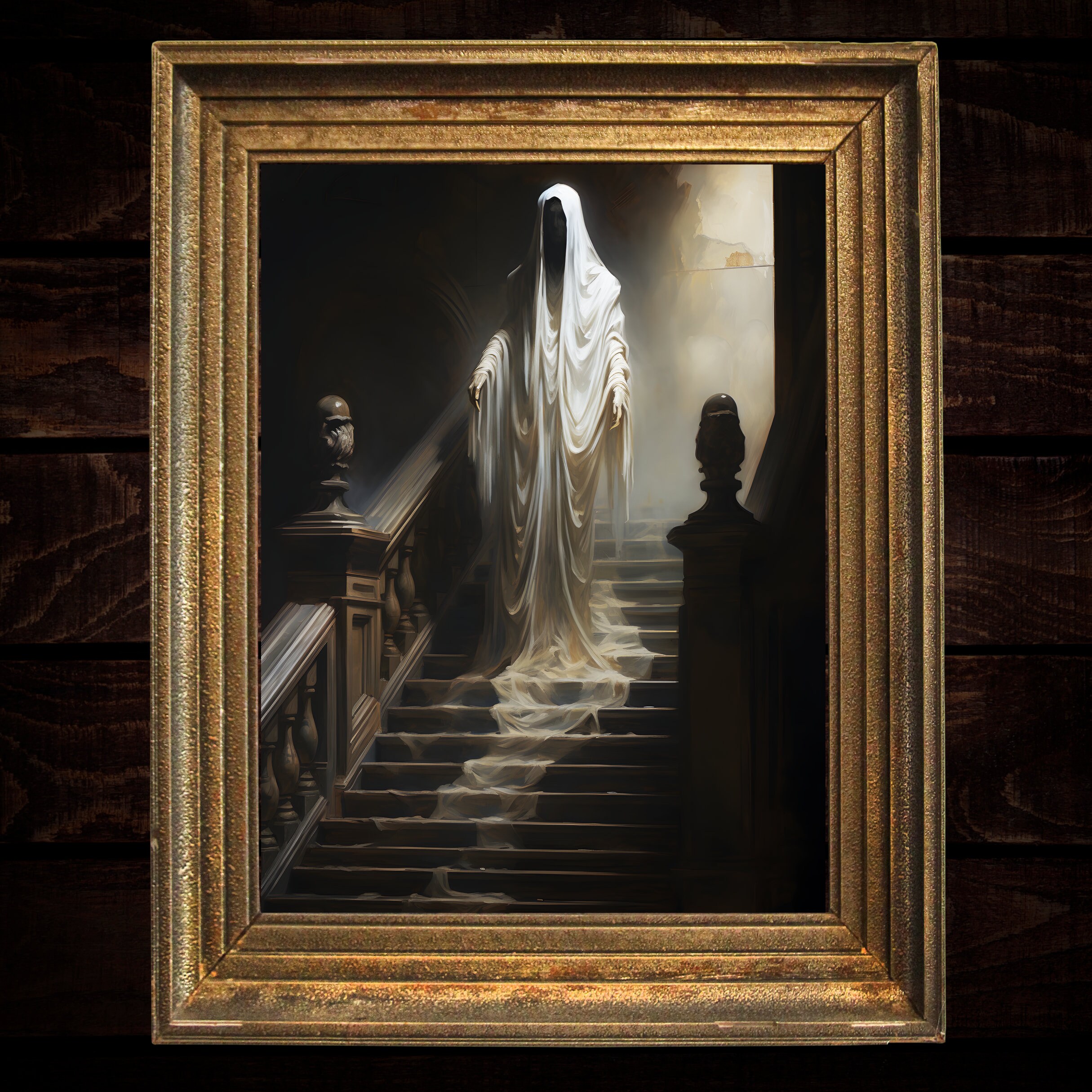 Ghost on the Stairs Print Art, Creepy Goth Wall Art, Ghost Vintage Oil ...