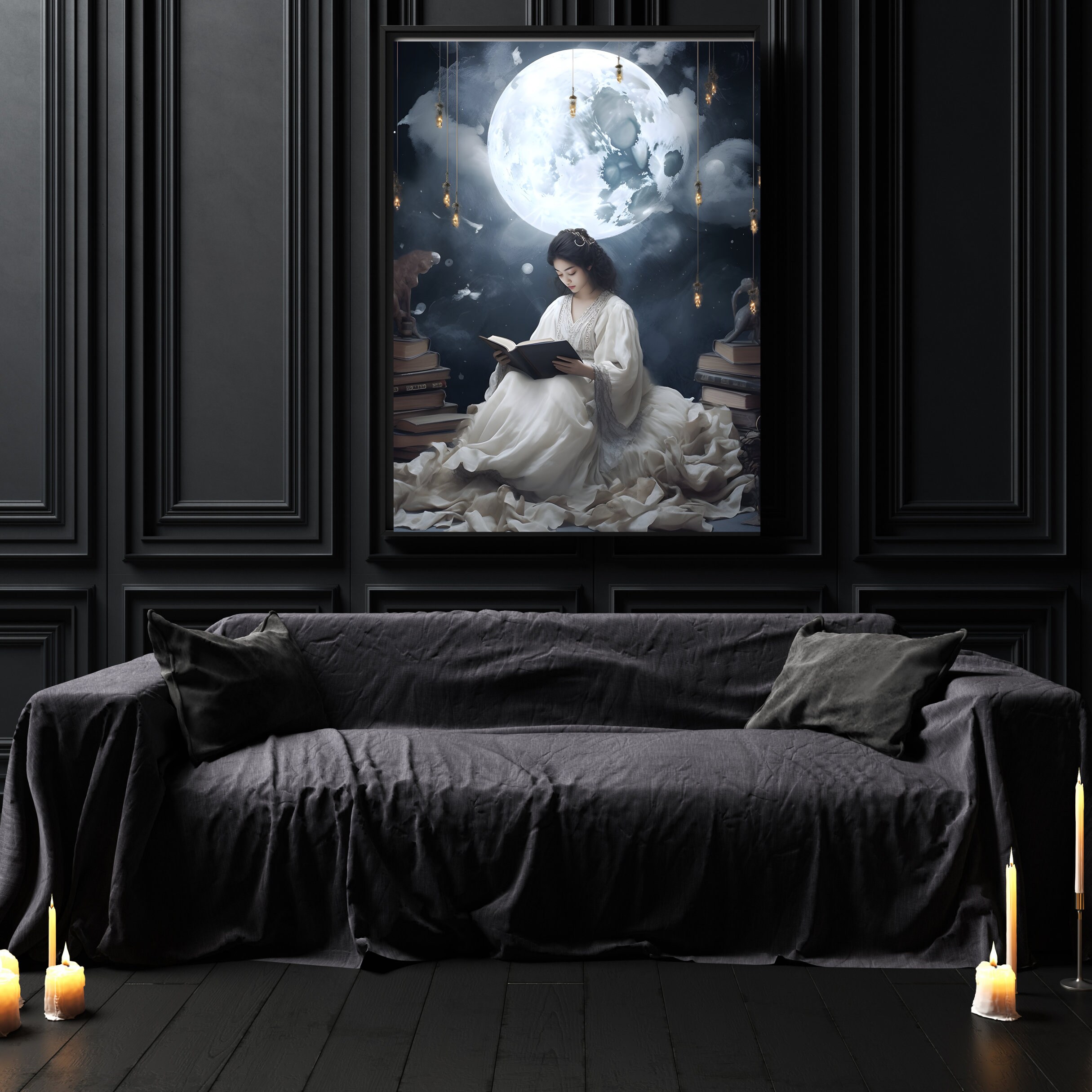 Goddess Girl Reading Book, Night Sky, Dark Academia Print, Vintage ...