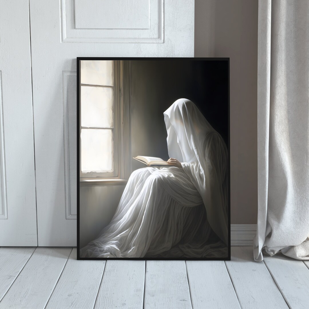 Ghost Reading A Book Print, Creepy Goth Wall Art, Ghost Vintage Oil ...