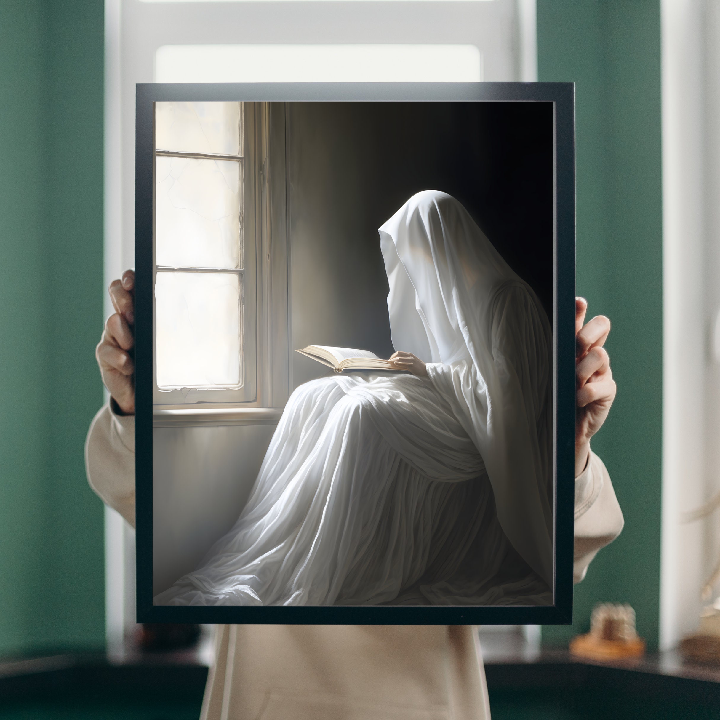 Ghost Reading A Book Print, Creepy Goth Wall Art, Ghost Vintage Oil ...