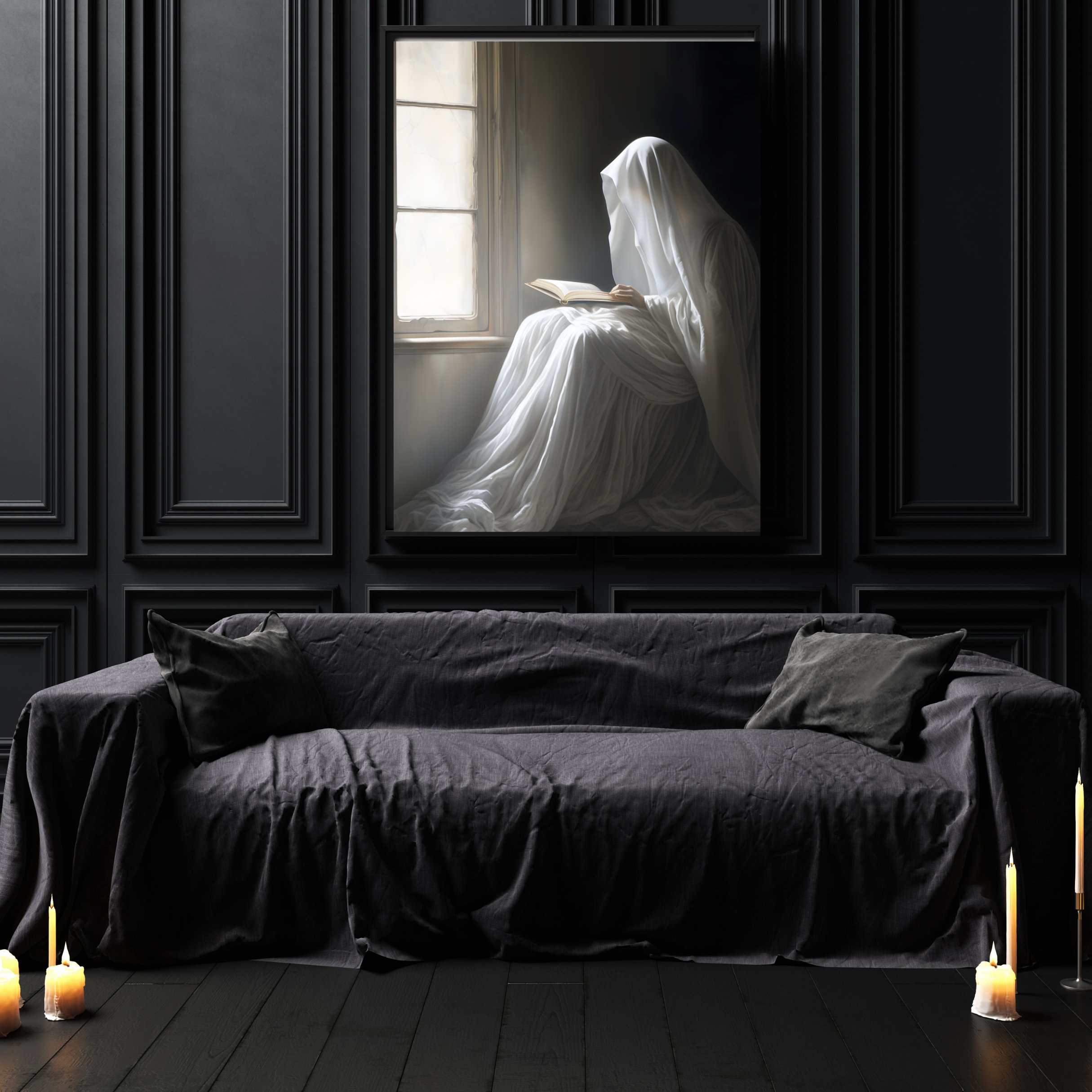 Ghost Reading A Book Print, Creepy Goth Wall Art, Ghost Vintage Oil ...