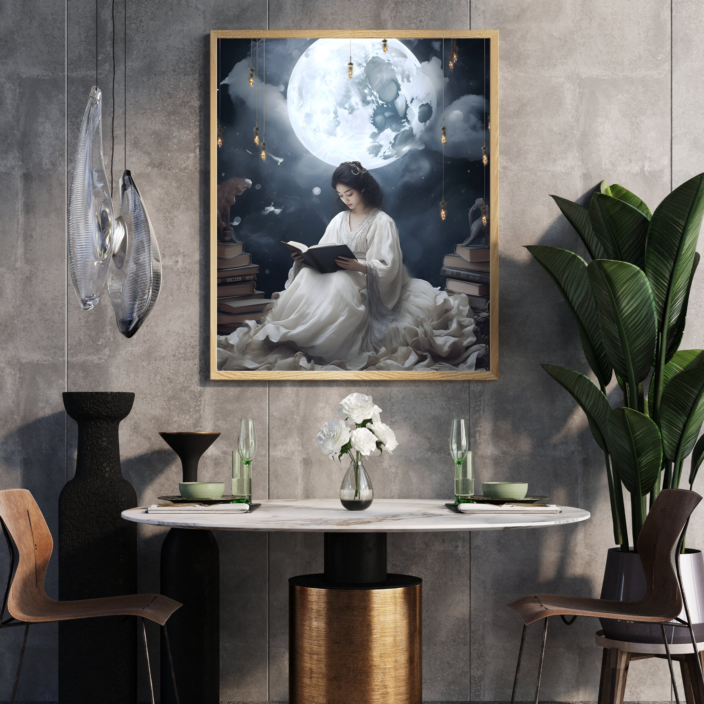 Goddess Girl Reading Book, Night Sky, Dark Academia Print, Vintage ...