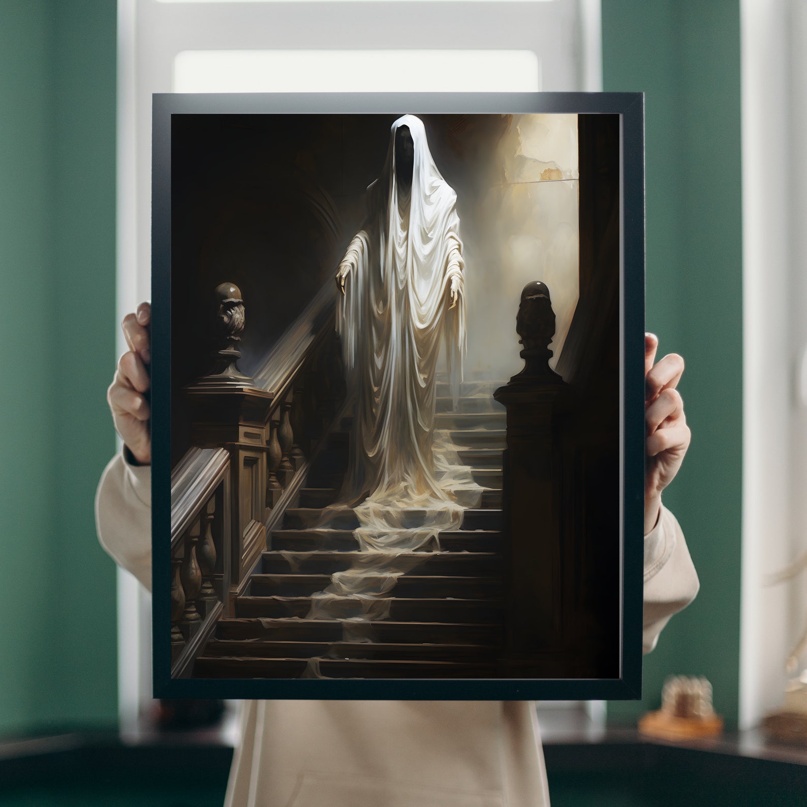 Ghost on the Stairs Print Art, Creepy Goth Wall Art, Ghost Vintage Oil ...