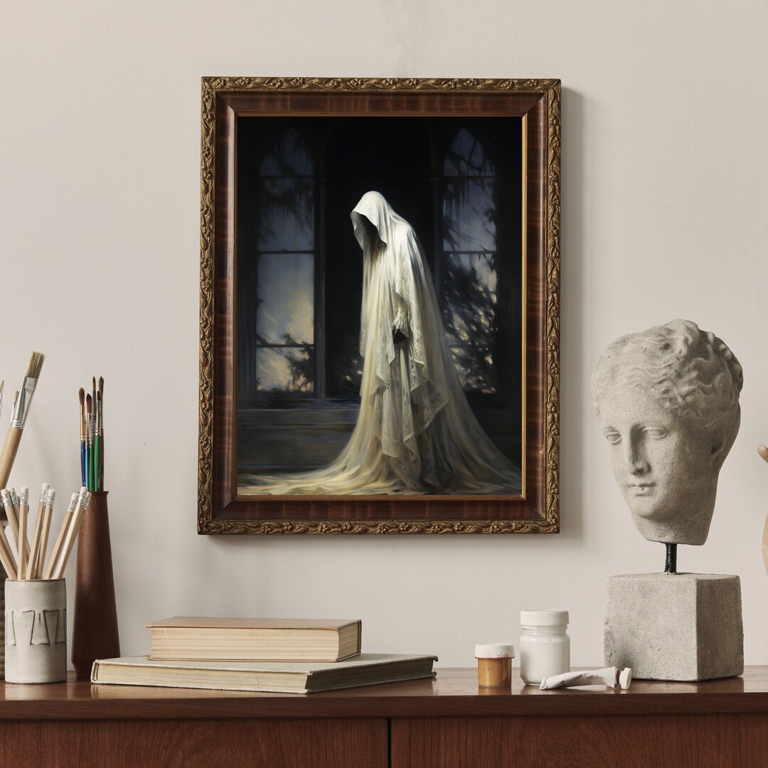 Ghost Standing Window Print, Creepy Goth Wall Art, Ghost Vintage Oil ...
