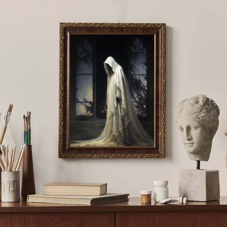Ghost Standing Window Print, Creepy Goth Wall Art, Ghost Vintage Oil ...