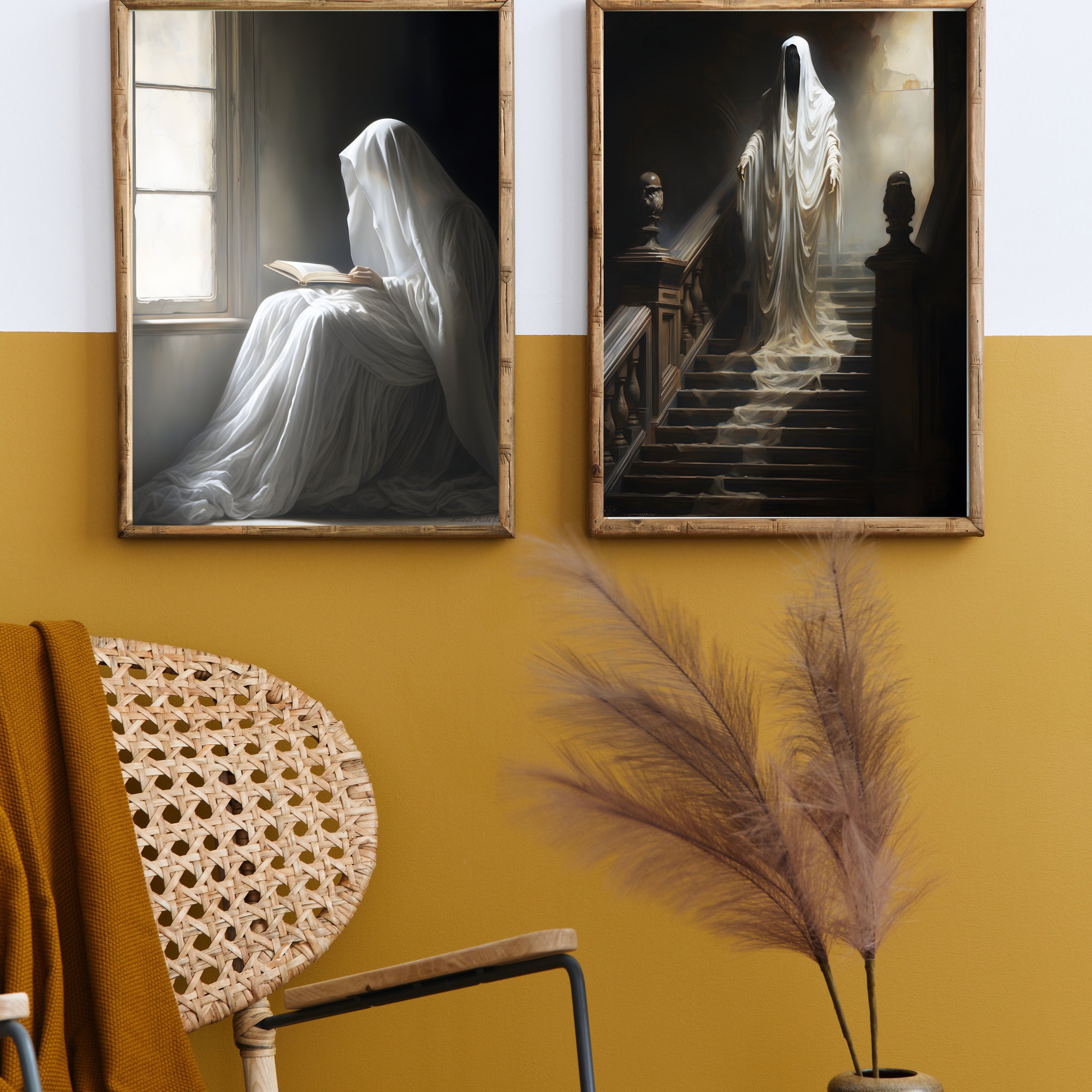 Ghost Reading A Book Print, Creepy Goth Wall Art, Ghost Vintage Oil ...