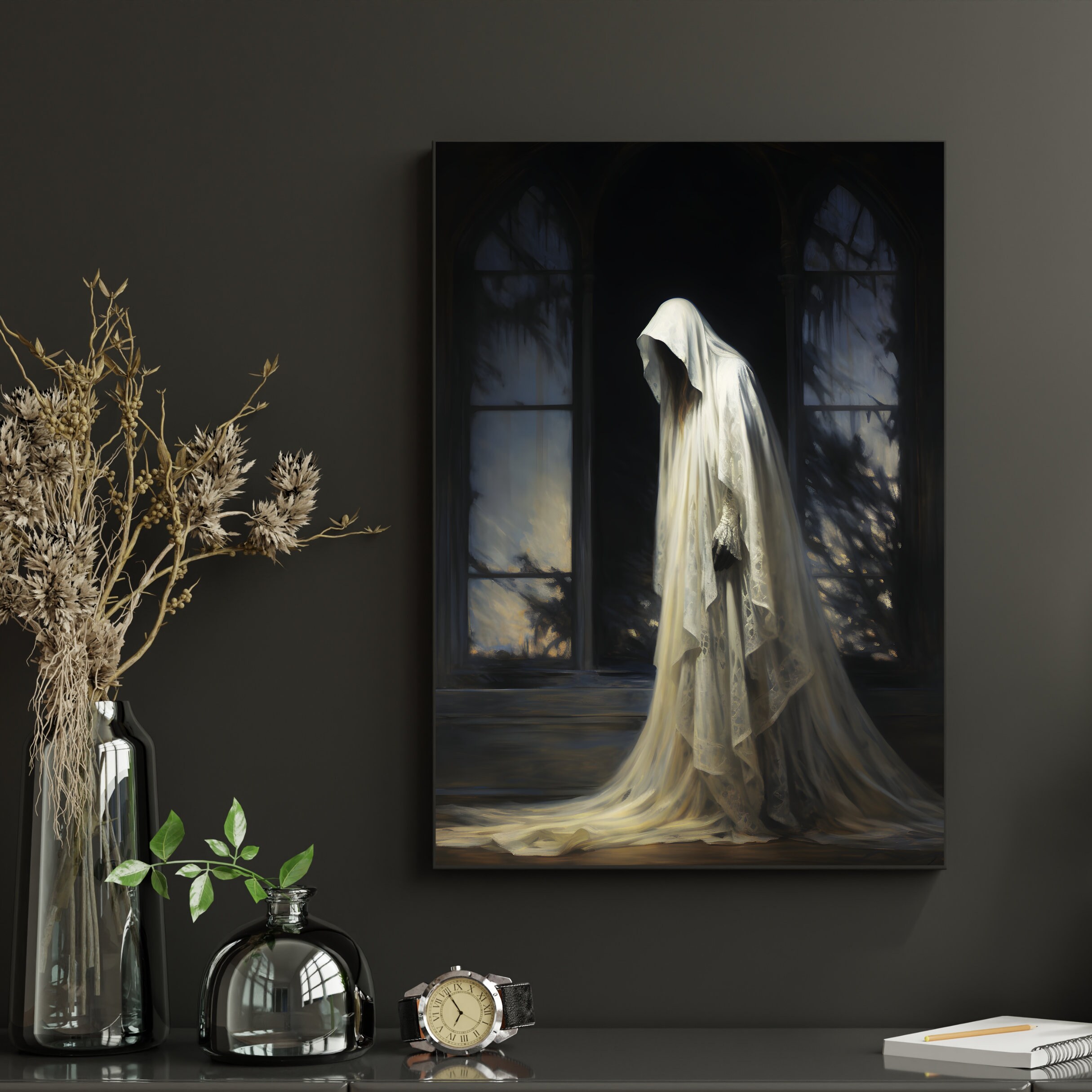 Ghost Standing Window Print, Creepy Goth Wall Art, Ghost Vintage Oil ...
