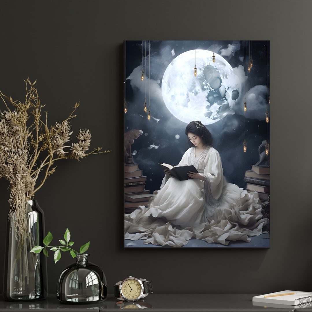Goddess Girl Reading Book, Night Sky, Dark Academia Print, Vintage ...