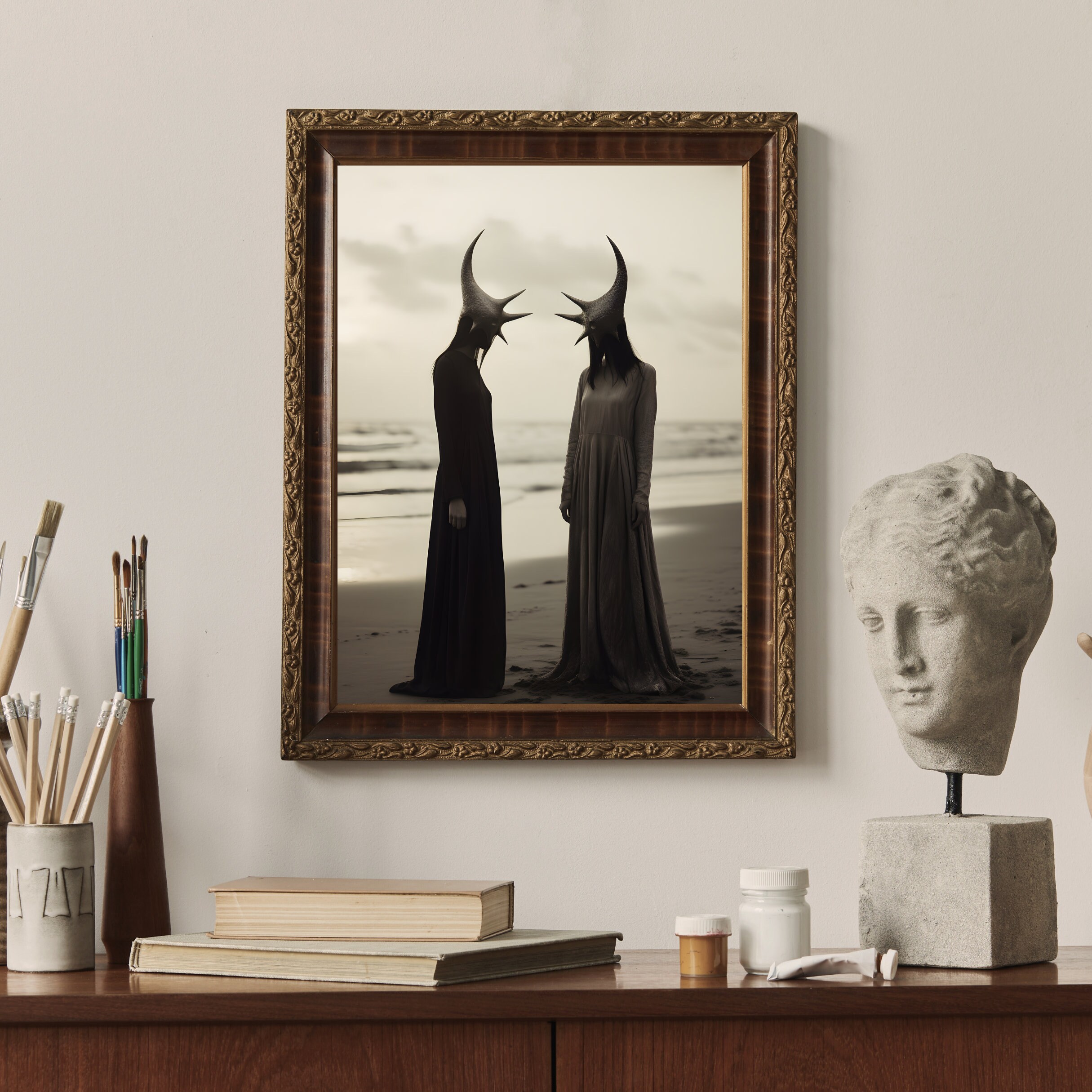 Women Horn Shaped Costumes Photography, Creepy Goth Wall Art, Spooky ...