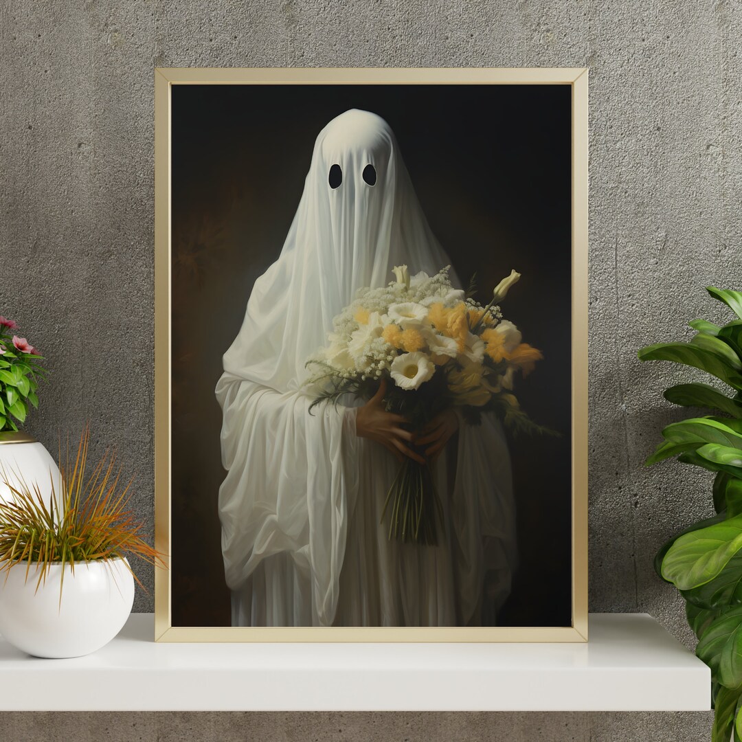 Ghost Holding Flowers, Creepy Goth Wall Art, Ghost Vintage Oil Painting ...