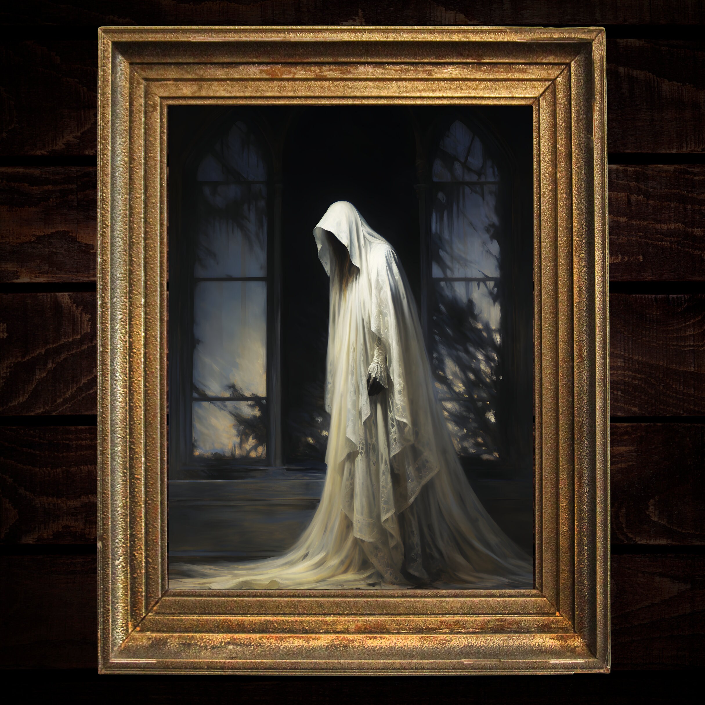 Ghost Standing Window Print, Creepy Goth Wall Art, Ghost Vintage Oil ...