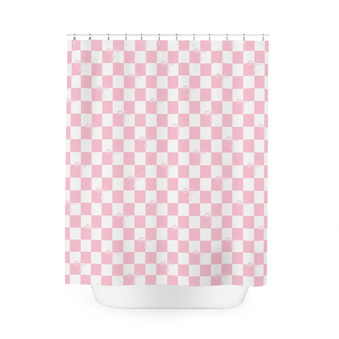 Pink and White Checkered Cottagecore Shower Curtain Durable Polyester ...