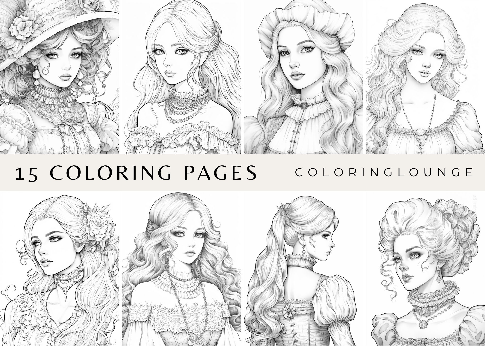 Victorian Beauty 15 Printable Coloring Pages Letter Sized Adult and ...