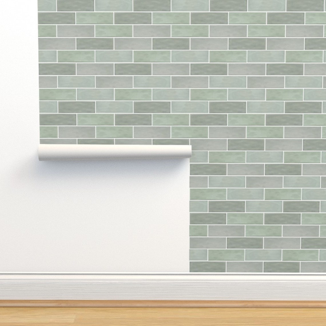 Subway Tile Wallpaper, Faux Tile Wallpaper, Green Tile Wallpaper ...