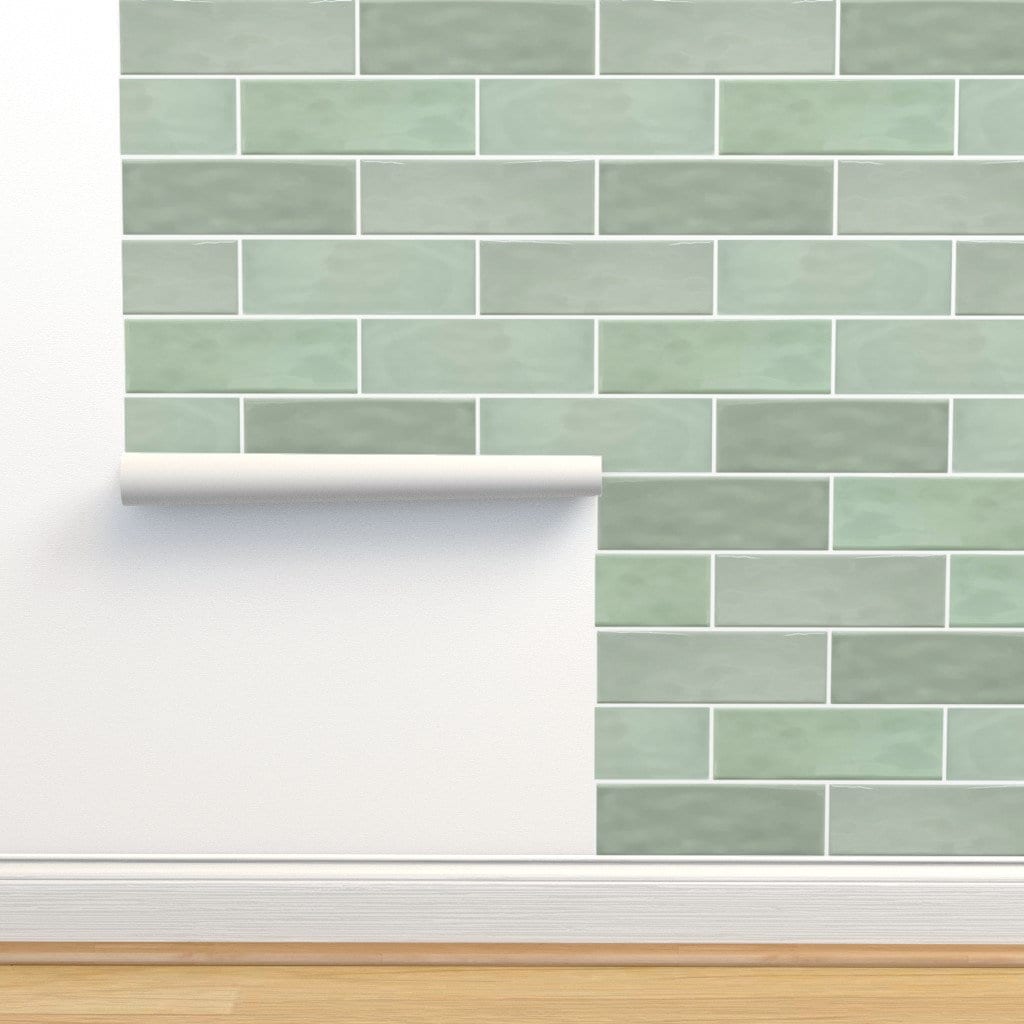 Subway Tile Wallpaper, Faux Tile Wallpaper, Green Tile Wallpaper ...