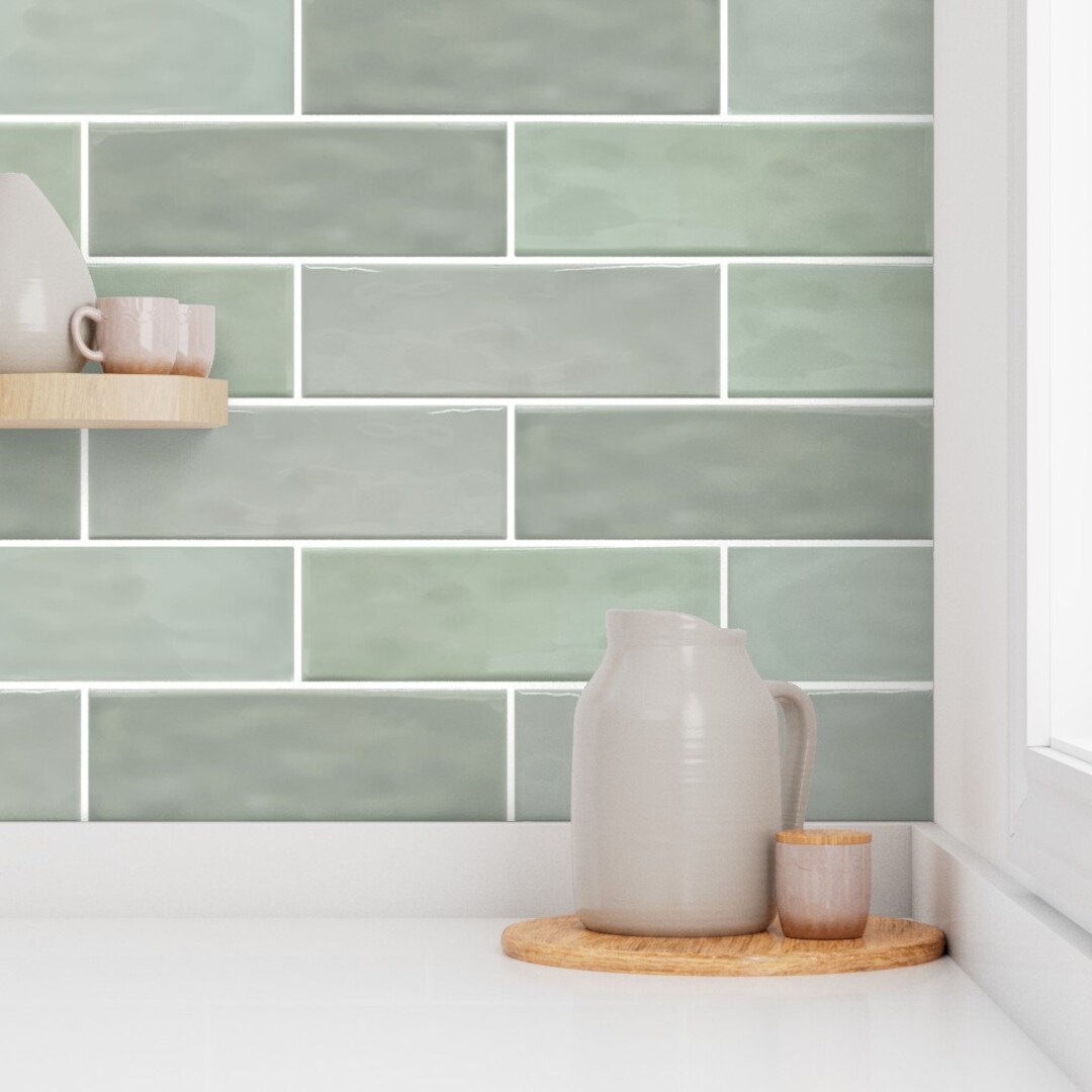 Subway Tile Wallpaper, Faux Tile Wallpaper, Green Tile Wallpaper ...