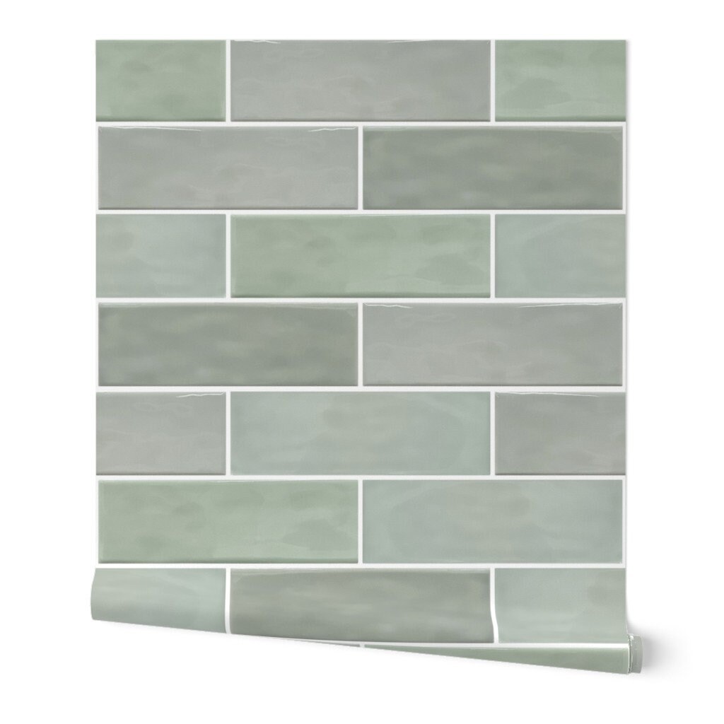 Subway Tile Wallpaper, Faux Tile Wallpaper, Green Tile Wallpaper ...