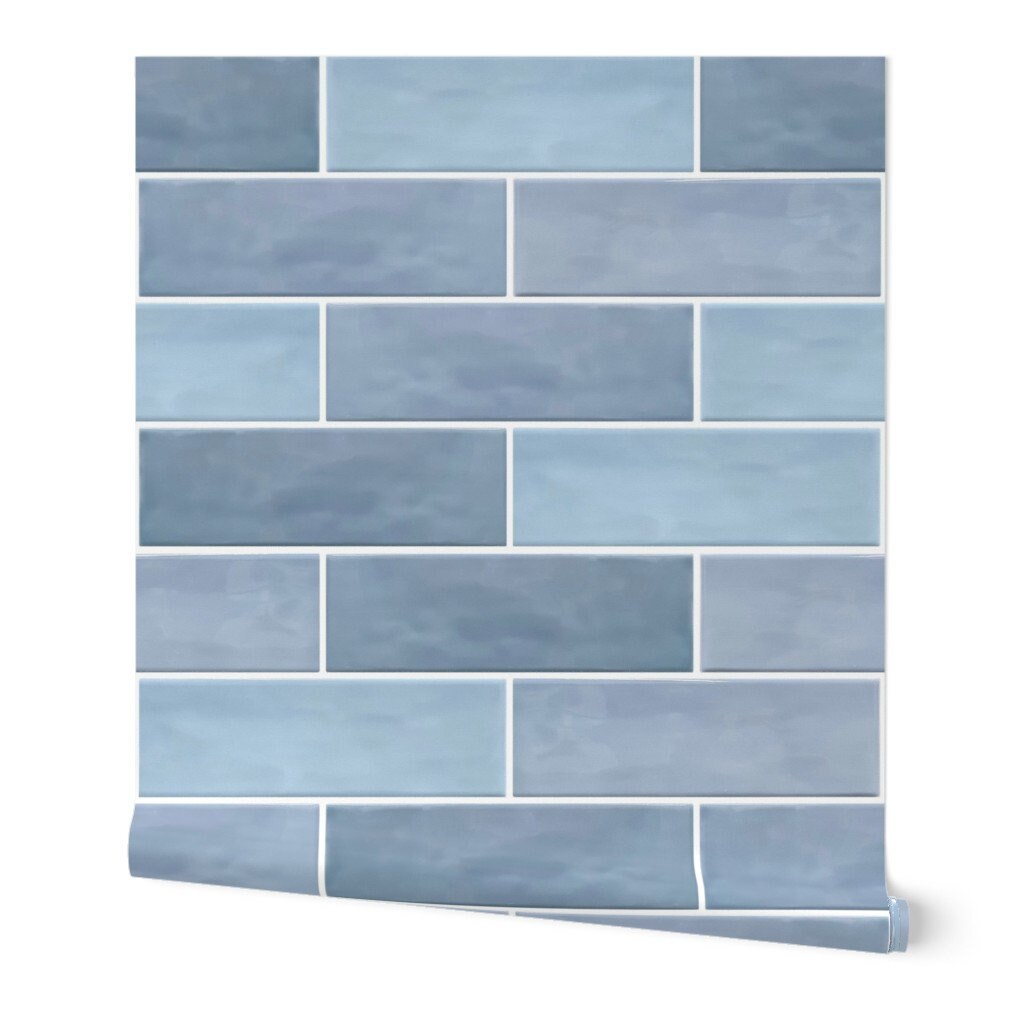 Subway Tile Wallpaper, Faux Tile Wallpaper, Blue Tile Wallpaper ...