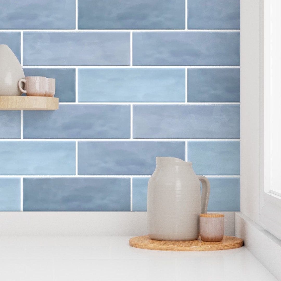 Subway Tile Wallpaper, Faux Tile Wallpaper, Blue Tile Wallpaper ...
