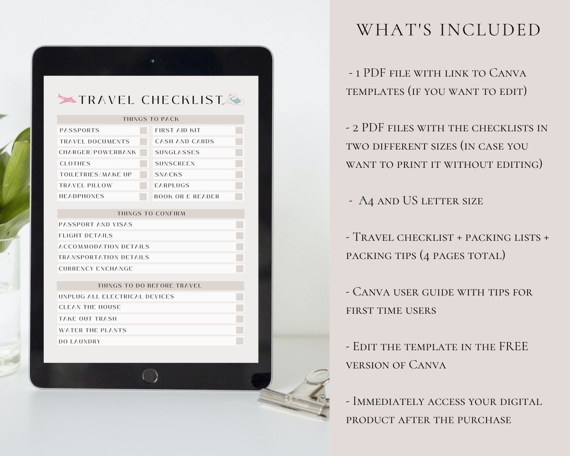 Travel Checklist Editable Canva Template With Packing Tips and Packing ...