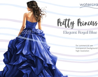 Elegant Royal Blue Princess Watercolor Clipart, Royal Blue Quinceañera ...