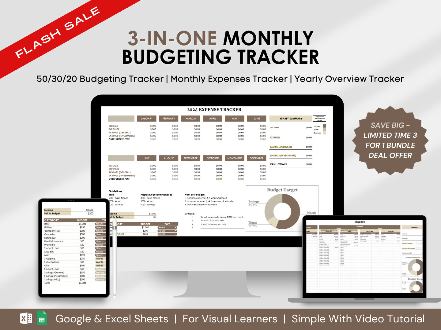 3-in-1 Monthly Budget Spreadsheet Template: Monthly Income & Expense ...